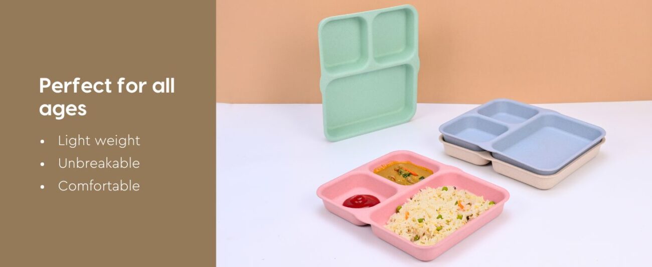 Square 3-part food serving plates made with rice husk