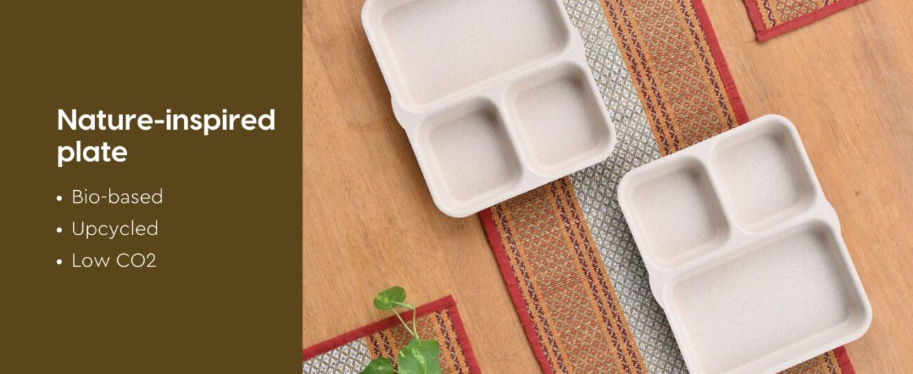 Square 3-part food serving plates made with rice husk