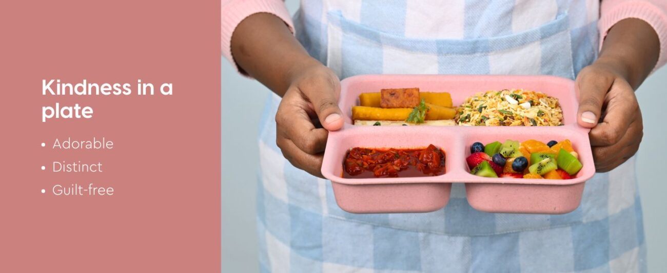 Square 3-part food serving plates made with rice husk